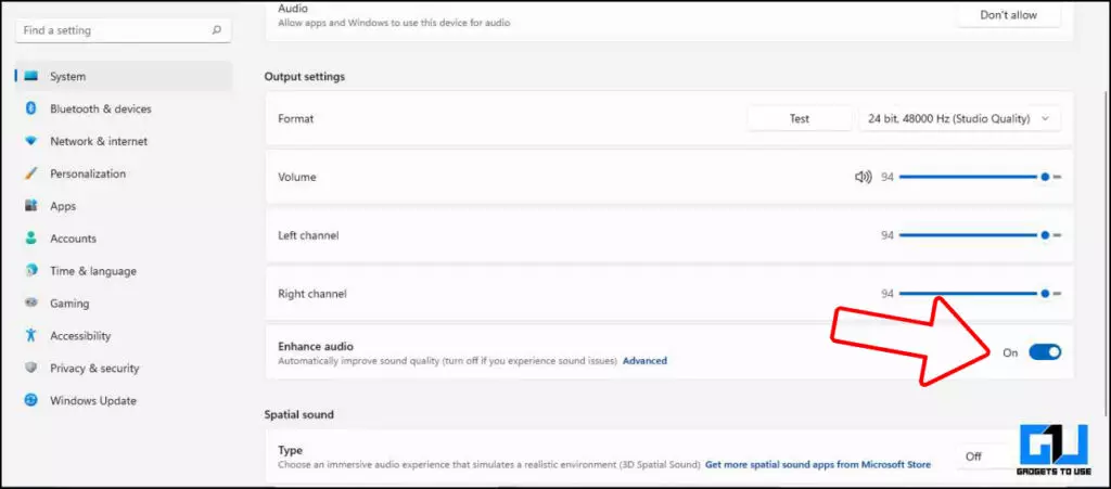Gaitu Enhance Audio Toggle Windows 11-n audioaren kalitatea hobetzeko