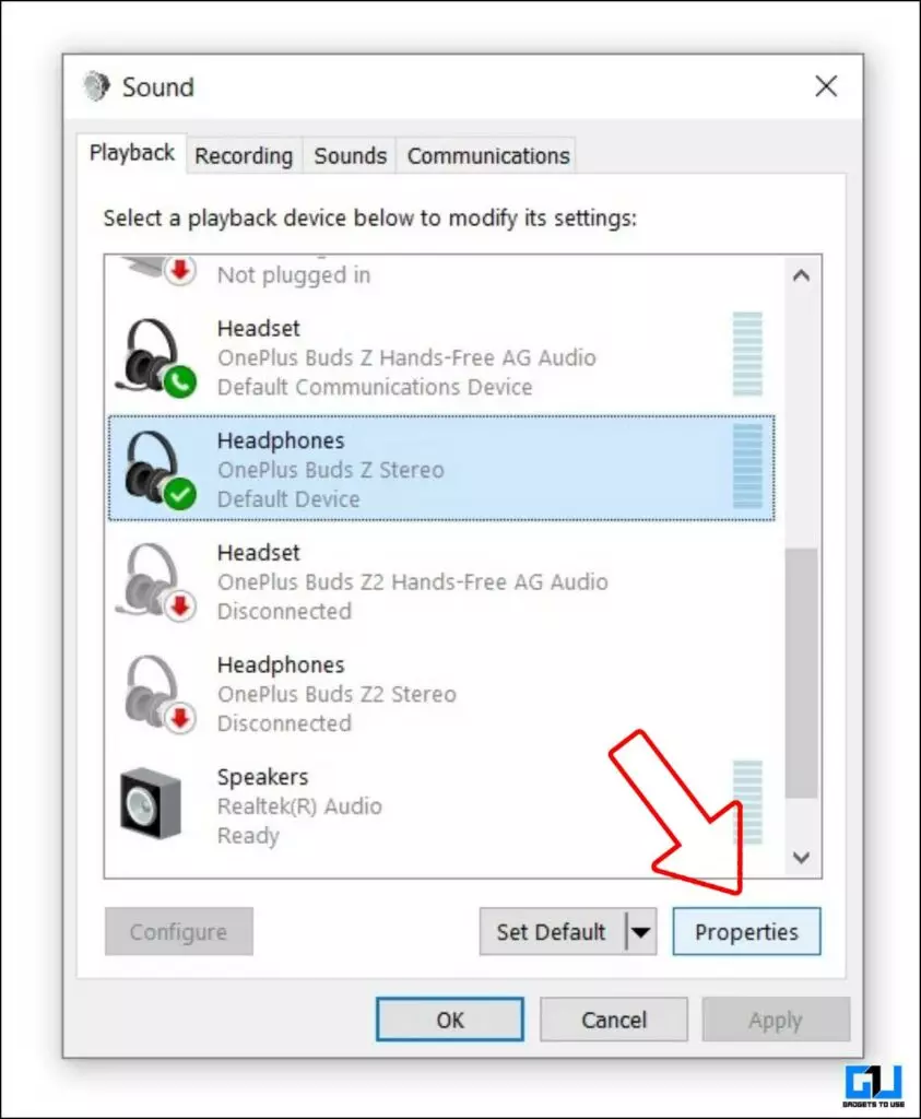 Sélectionnez Périphérique audio dans les paramètres audio de Windows