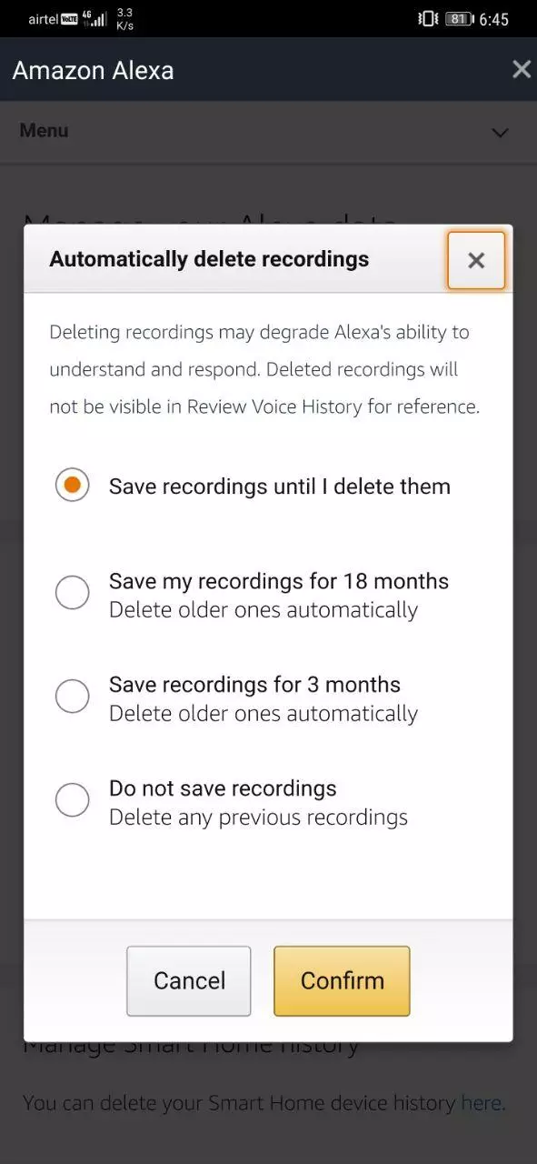 మీ అలెక్సా వాయిస్ రికార్డింగ్లను స్వయంచాలకంగా తొలగించండి 16964_6