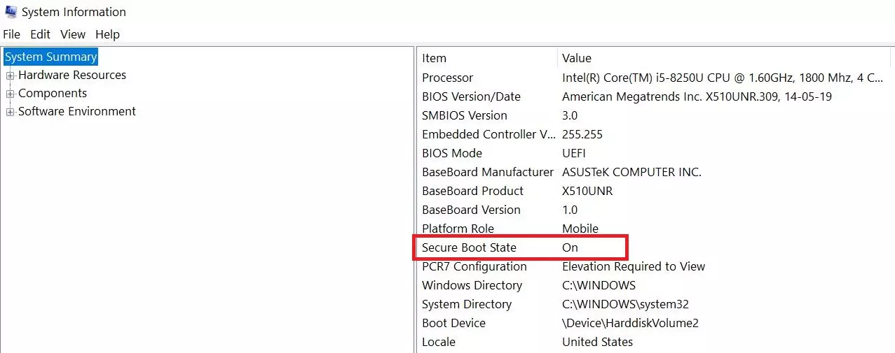 ตรวจสอบว่า Secure Boot เปิดอยู่หรือไม่