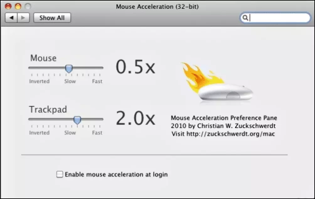 Панэль налад паскарэння мышы Mac