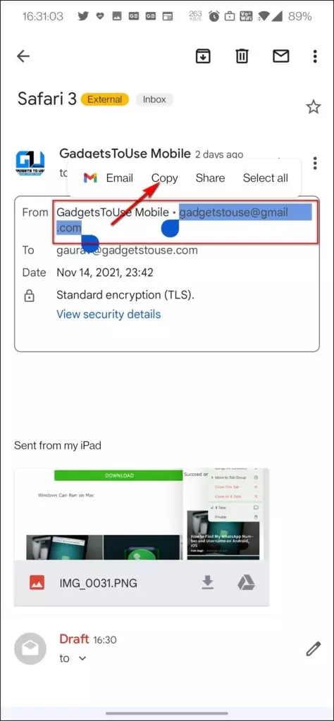 તમારા ફોન પર Gmail માં પ્રેષકના ઇમેઇલ સરનામાંની નકલ કરવાની 3 રીતો 44935_1
